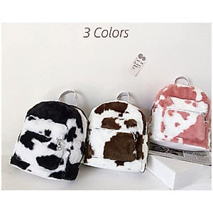 Fluffy Furry Mini Backpack Cow Print Plush Backpack Y2k Sherpa Shoulder Bag with Adjustable Straps (Black-Cow,10.2 * 4.7 * 8.7inch)