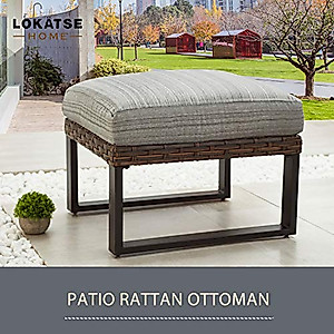 LOKATSE HOME Outdoor Ottoman Footstool Wicker Small Seat Patio Rattan Furniture with Soft Thick Cushion, U Shaped Steel Legs, Gray