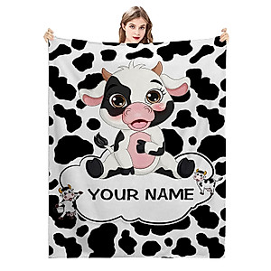 BLYIUKR Personalized Cow Print Blanket for Baby Kids with Name, Custom Cow Print Stuff Bedding Decor Sofa Cow Throw Blankets for Girls Boys Daughter Christmas Birthday Gifts