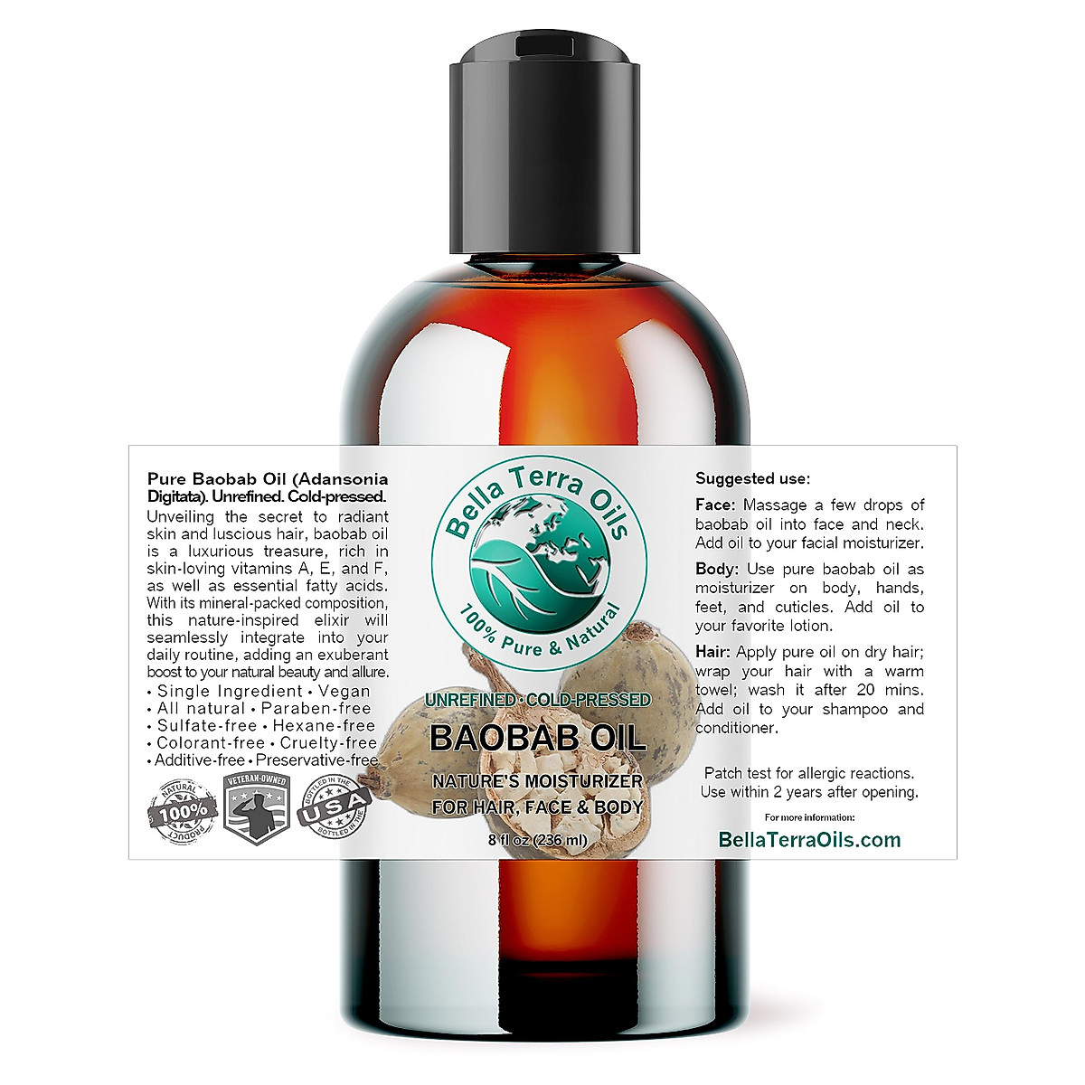 Bella Terra Oils - Baobab Oil 8 oz - Harness Baobab's Nutritional Legacy, Packed with Calcium & Potassium, A Luxurious Feel for a Supple Skin