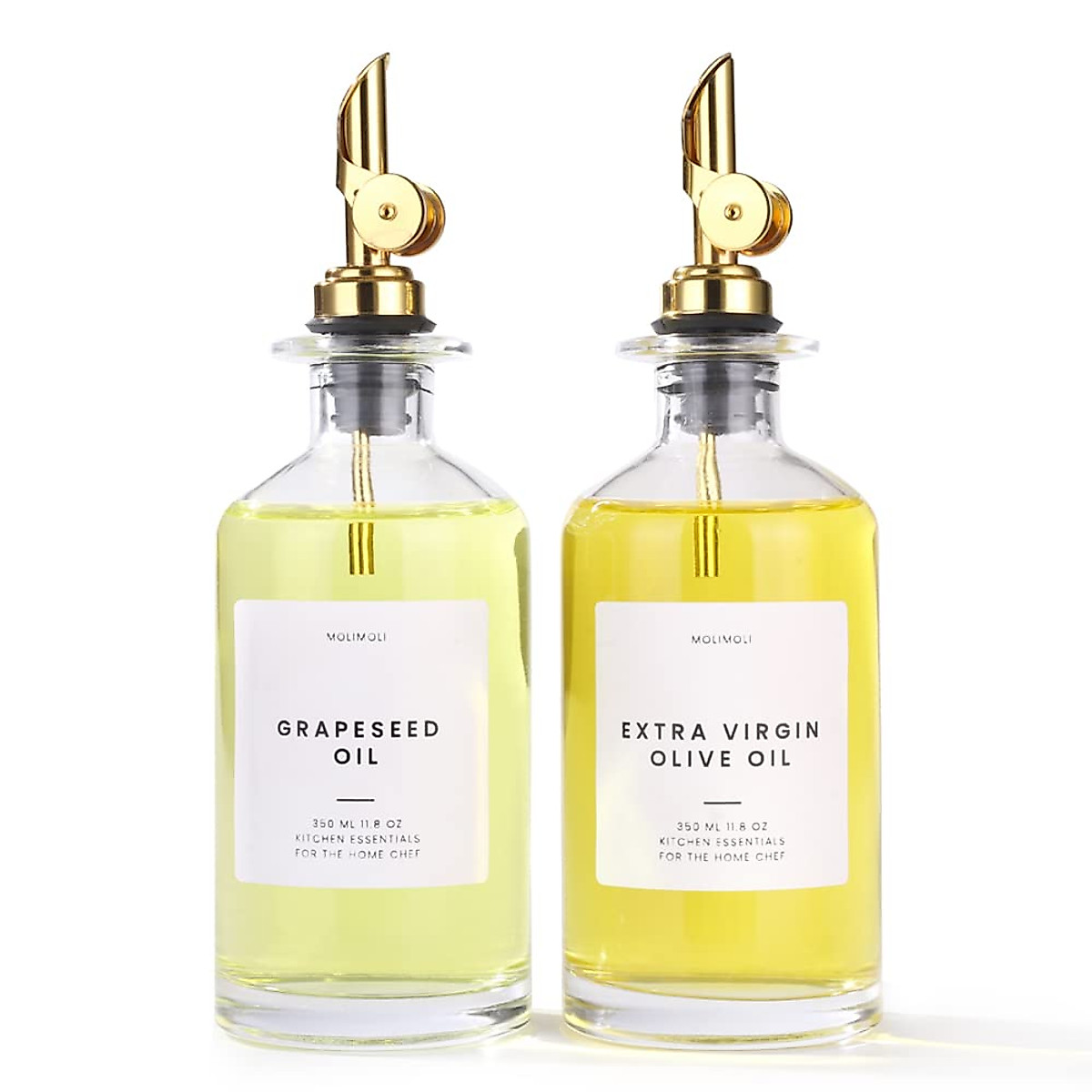 Molimoli Olive Oil Dispenser Bottle for Kitchen, Glass Bottle Dispenser for Kitchen Weighted Stainless Steel Pourers, Liquor Bottle Pourers, Pack of 4 (Pourers), 350 ml Oil Bottles Gold