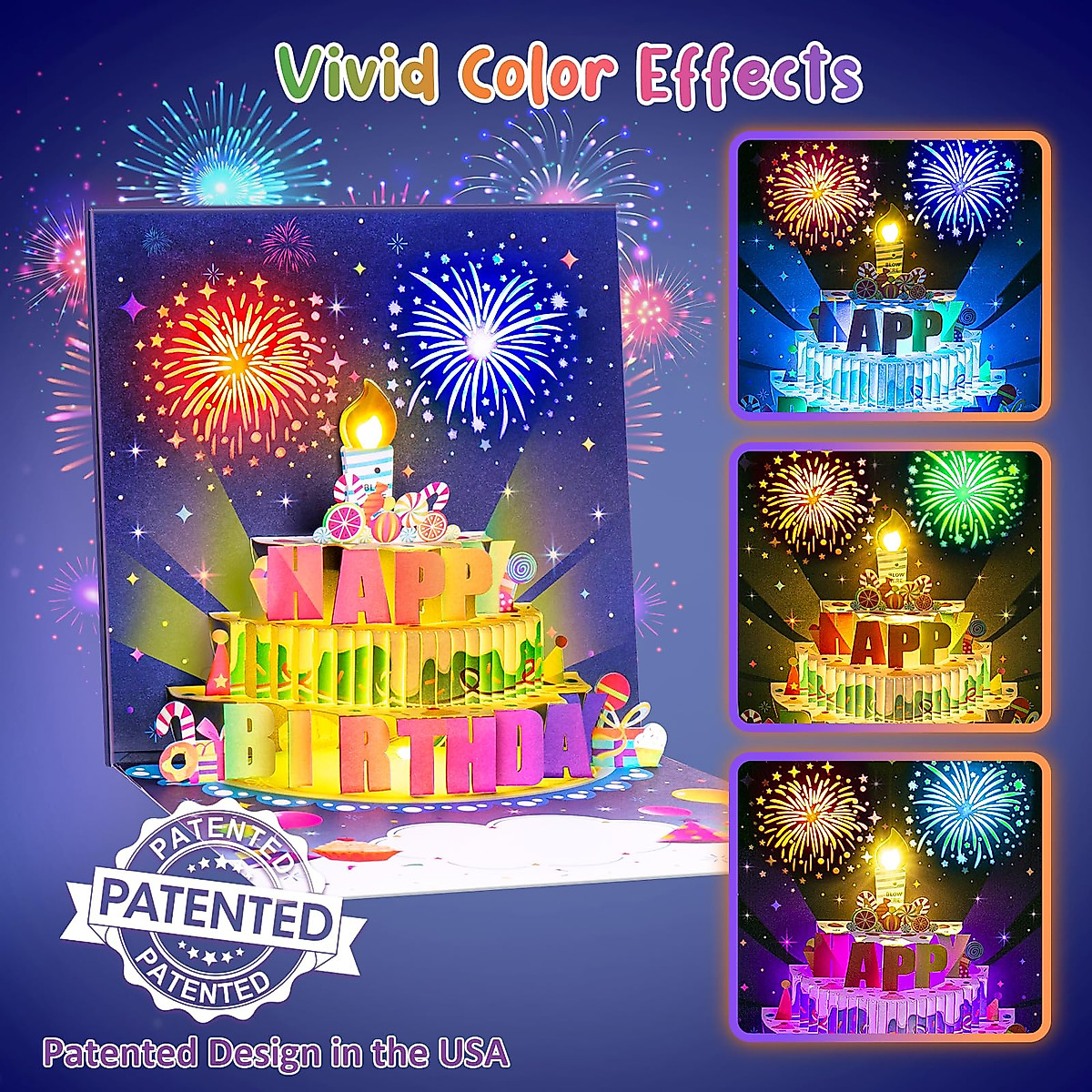 INPHER Birthday Cards Fireworks Pop Up Cake Blowable Light and Music Happy Birthday Card Gifts for Women Men Mom Kids