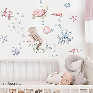 MUWEOL Under The Sea Mermaid Wall Decals - Ocean Fish Turtle Wall Stickers Bathroom Girls Bedroom Baby Nursery Wall Decoration,Sea Animals Wall Stickers