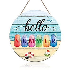 CHDITB Hello Summer Front Door Sign Hanger(12"x12"), Summer Themed Wooden Door Decoration Hanging with Beach Popsicle Ice Cream, Round Welcome Summer Sign Decoration for Home Front Door Outdoor