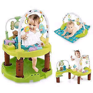 HONEY JOY Baby Bouncer Activity Center, 3-Stage Bouncing Activity Saucer & Playtime Mat & Activity Table, Toy-Bar, 3 Adjustable Heights, Foldable Exersaucer for Infants & Toddlers(Green)