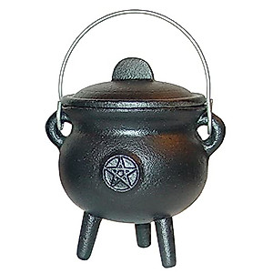 Kheops International 3 Inch Pentagram Pentacle Cast Iron Cauldron with Lid and Handle - Perfect Incense Smudge Kit Sage Holder Altar Ritual Burning Holder