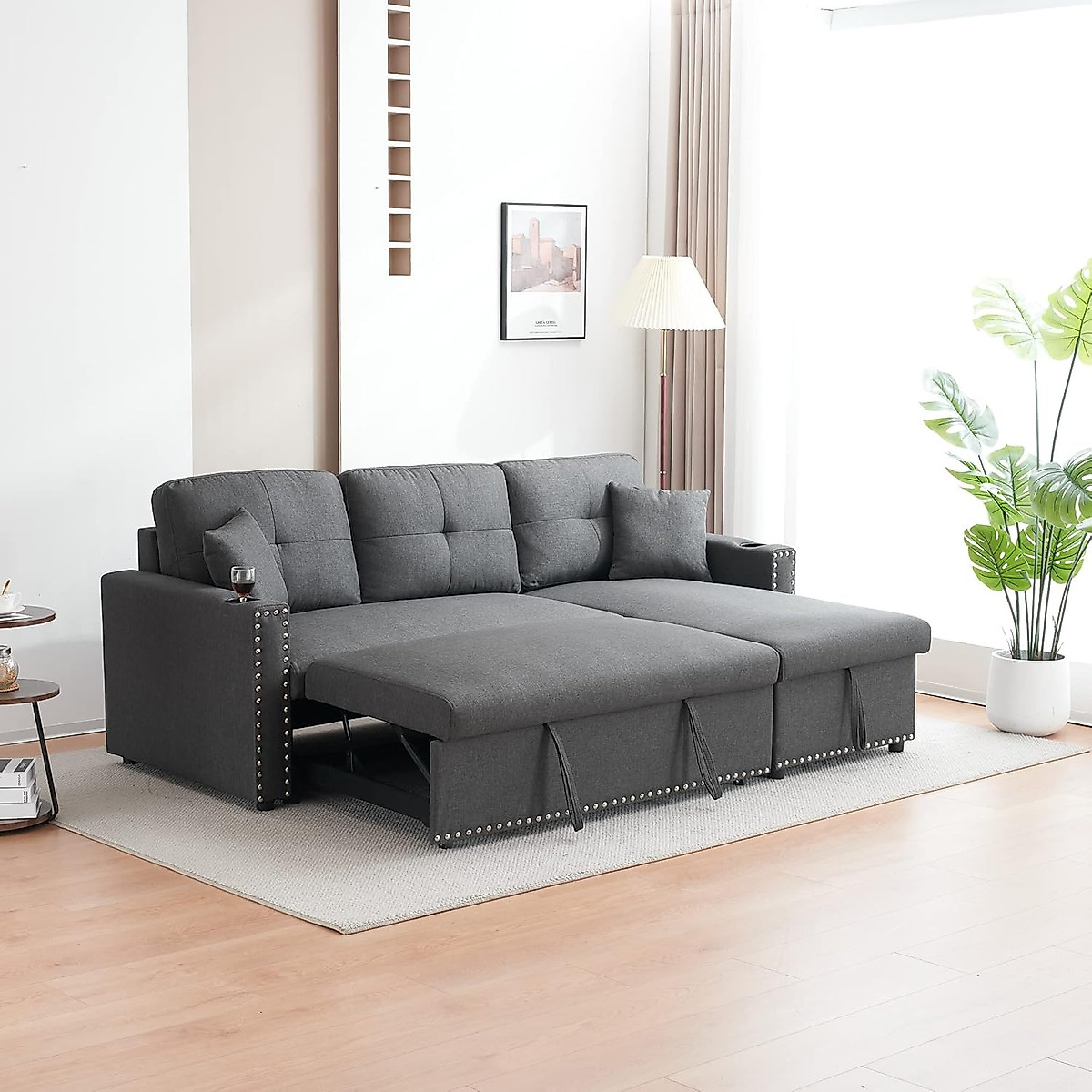 Payeel L Shape Sleeper Sectional Sofa with Storage Chaise Lounge, 83" Pull Out Convertible Sofa Bed with Cup Holder, 3 in 1 Sofa Sleeper Couch for Living Room, Apartment