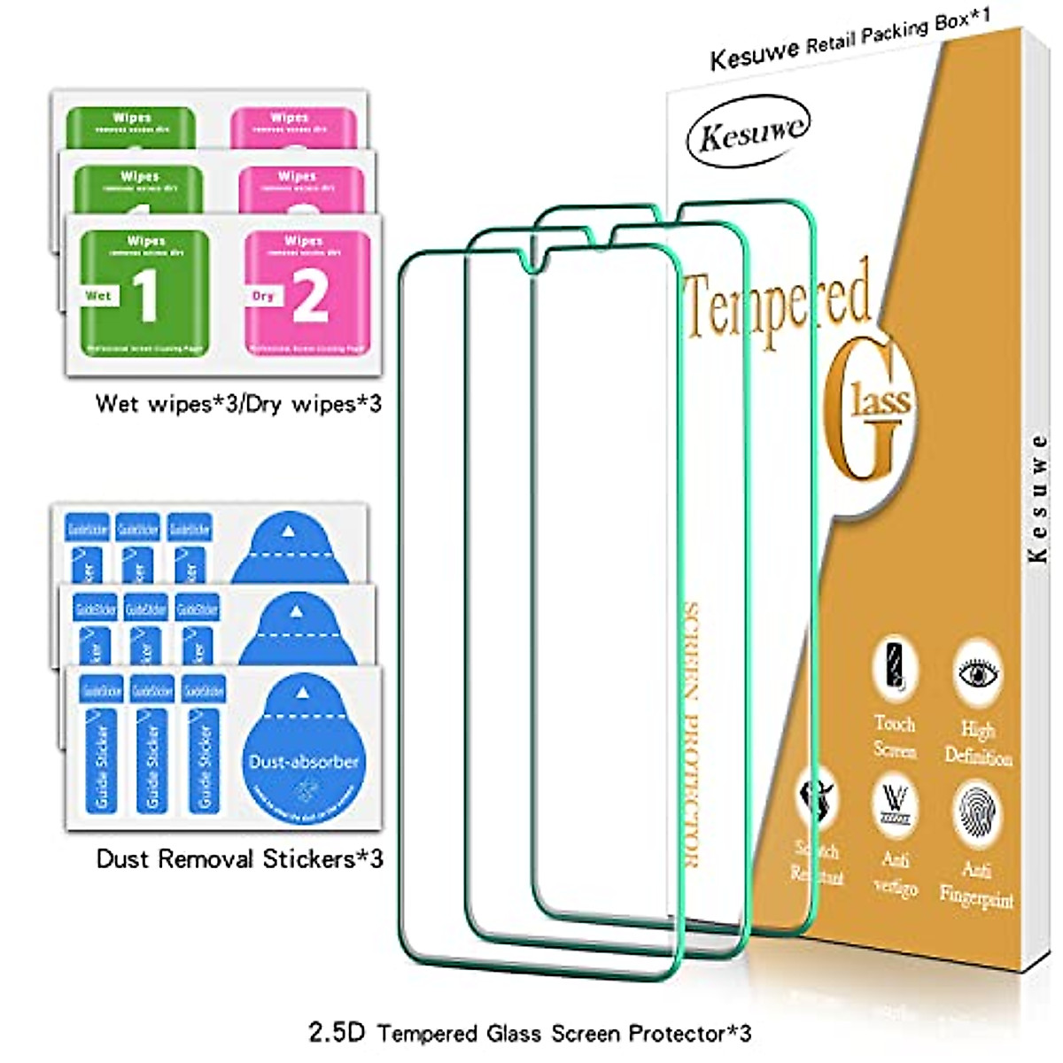 Kesuwe [3-Pack] Screen Protector for Samsung Galaxy A12 Tempered Glass, 9H Hardness, Anti Scratch, Bubble Free, Easy to Install, Case Friendly