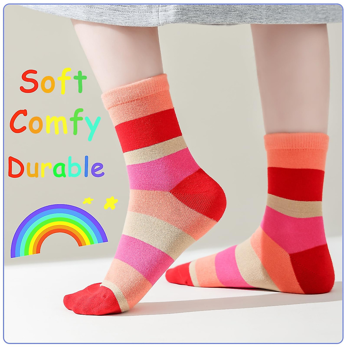 hakugoo Kids Crew Socks Seamless Boys Girls Rainbow Stripes Socks Cotton Athletic Socks 6-8 Years Unisex Cute Fun Socks Boot Socks 5 Pairs (Set B,L)