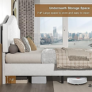 HUEOFGP Queen Size Bed Frame with Upholstered Fabric Adjustable Headboard, Platform Bed Frame with Wooden Slats Support, No Box Spring Needed, Easy Assembly, Modern, White