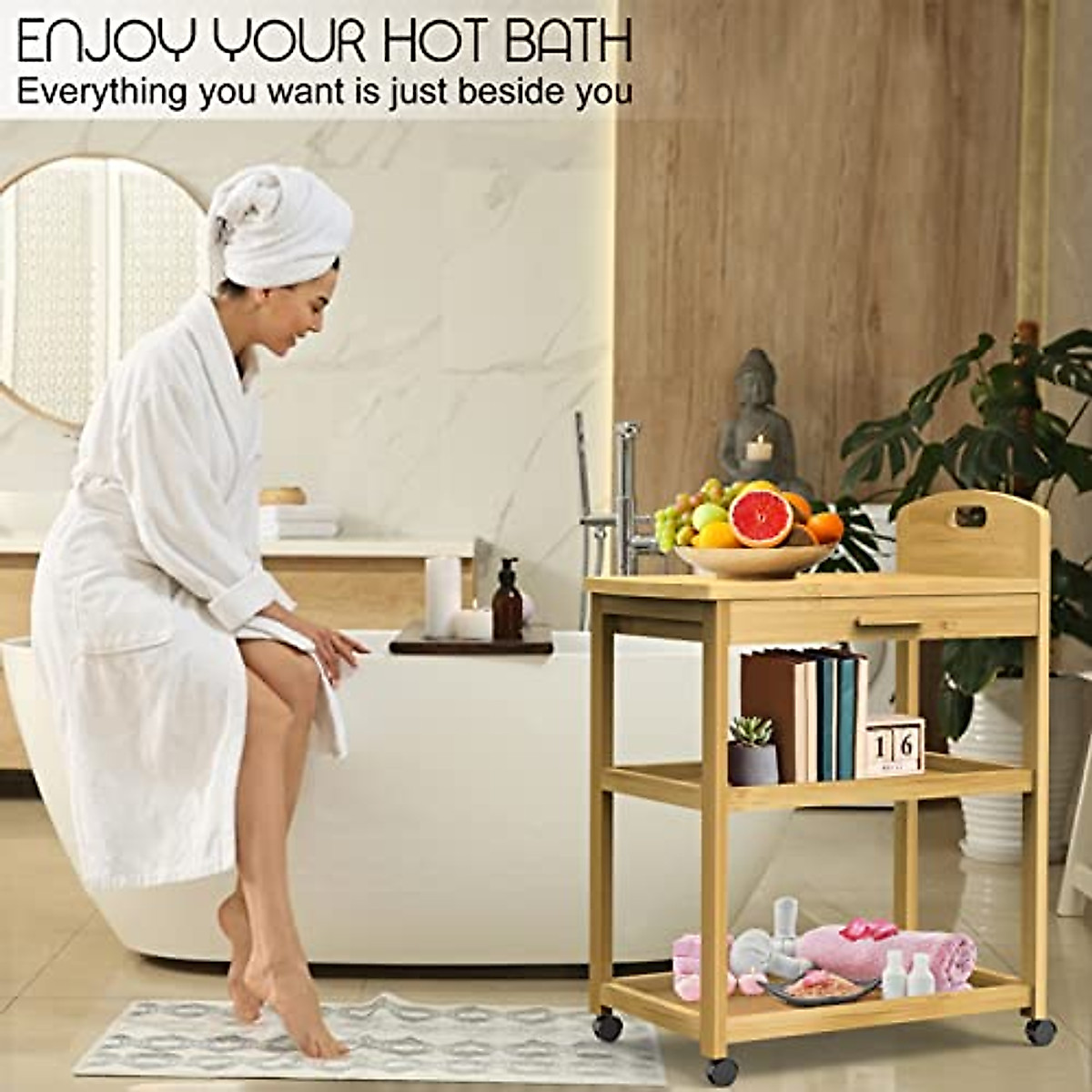 Purbambo Bamboo Kitchen Storage Cart, 3 Tier Rolling Cart, Mobile Utility Cart Trolley with Drawer and Lockable Casters for Home Kitchen