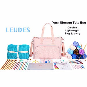 Leudes Crochet Tote Bag, Knitting Bag Fits 15.6 Inch Laptop Yarn Storage Organizer Large Yarn Holder Hook Case for Knitting & Crochet Supplies (Pink)