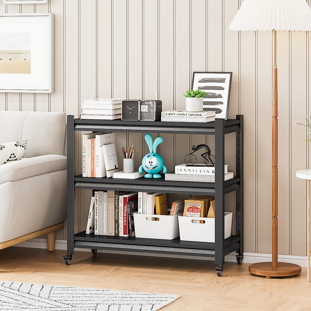 Topass Storage Shelves, Bakers Rack with Wheels, 3-Tier Metal Shelving Unit with Wheels for Kitchen Garage Office, Kitchen Stand with Adjustable Rack (18" D x 34" W x 32" H)