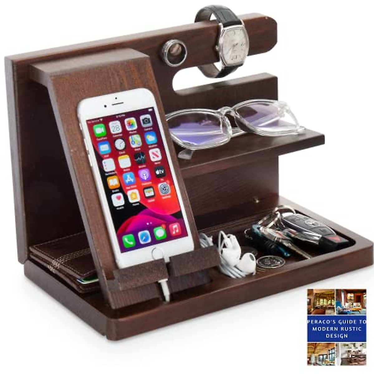 Peraco Wood Phone Docking Station for Men and Phone Organizer Station - Wooden Phone Docking Station for Men - Wooden Phone Stand  - Mens Docking Station and Organizer - Docking Station Organizer