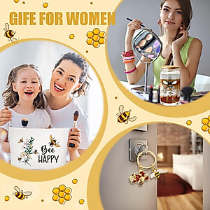 Hushee Set of 3 Bee Theme Gifts Honey Bee Cup Wine Glass with Lid Straw and Bee Makeup Bag and Bee Keychain for Thanksgiving Christmas Gifts for Women Teachers Employee Bee Lovers