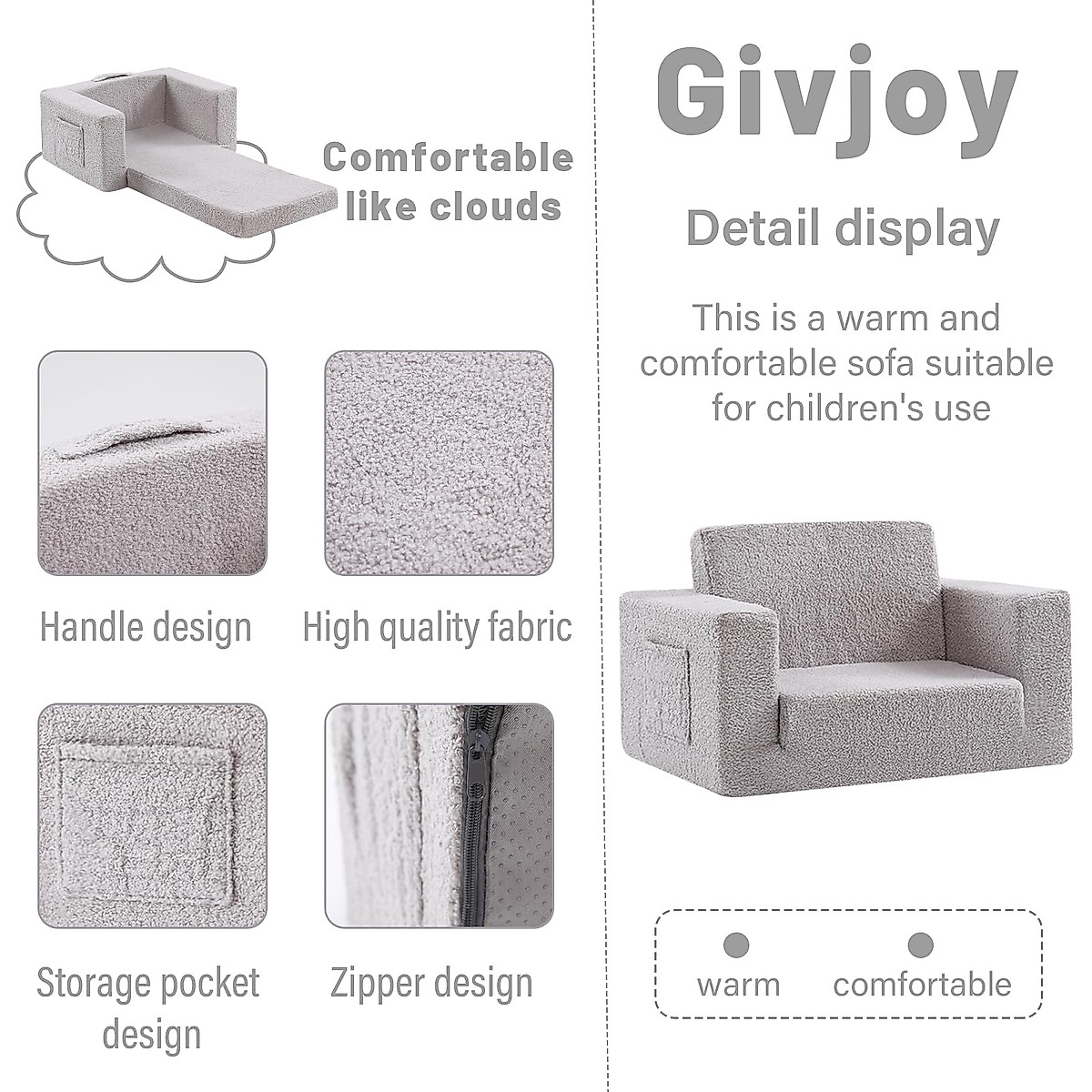 Givjoy Toddler Chair Sherpa Kids Couch, 2-in-1 Toddler Soft Kids Sofa Toddler Lounger Chair for Bedroom, Convertible Toddler Couch for Girls and Boys, Reading Chair for Kids, Grey