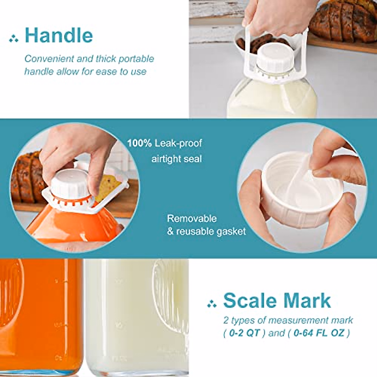 4 Pack 64 Oz Heavy Duty Glass Milk Bottle with Reusable Airtight SCREW LID, 2 Qt Glass Water Bottle with 2 Exact Scale Lines - Glass Milk Jug Pitcher - 1/2 Gal Juice Bottles(Extra 2 Lid AND 6 Handle)