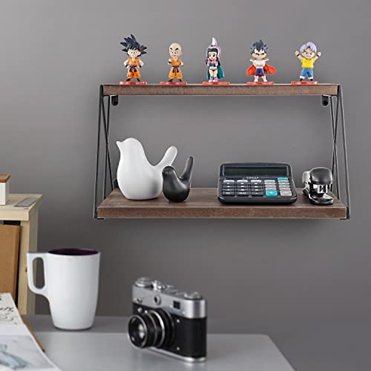 MyGift Wall Mounted 2 Tier Floating Display Shelf, Rustic Burnt Wood Collectibles Storage Shelf with Geometric Matte Black Metal Wire Side Brackets