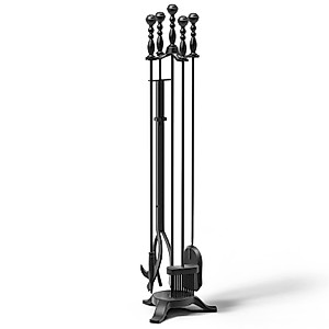 COMFYHOME 5-Piece Fireplace Tools Set 32'', Heavy Duty Wrought Iron Fire Place Tool w/Long Fire Poker, Shovel, Tongs, Brush, Stand for Outdoor Indoor Chimney,Stove, Fire Pit Easy to Assemble,Black