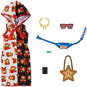 Barbie Fashion Pack of Doll Clothes Inspired by Super Mario, Collectible Set Includes Hoodie Dress & 6 Accessories