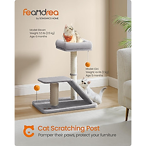 Feandrea Cat Scratching Post, Small Cat Tree Tower, Multifunctional Cat Scratcher with Self Groomer Brush, Rotatable Ramp, Pompoms, Cat Perch Bed for Indoor Cats, Light Gray UPCA024G01