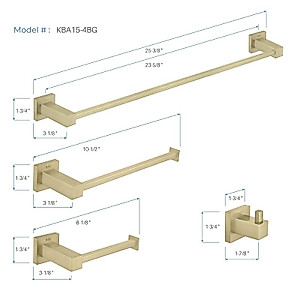 KIBI Cube Bathroom Hardware Set 5 Piece Bathroom Accessories Set | Towel Bar, Towel Ring, Toilet Paper Holders, Robe Hooks (Brushed Gold) (C-KBA15-5)