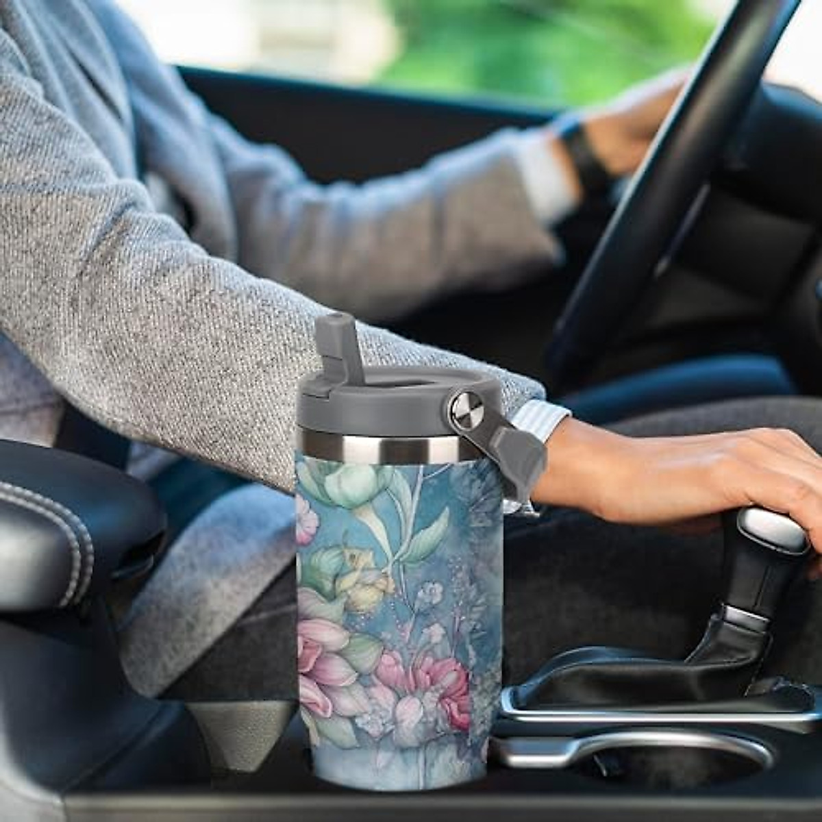 YTLKGFP 30 Oz Large Capacity Car Cup Blue Style Flowers Tumbler with Handle Straw Lid Insulated Stainless Steel Water Bottle Travel Mug Leak-proof Car Cup Keeps Cold Or Hot