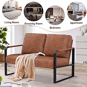 POINTANT Love Seat Mini Couch Small Settee Loveseat Bench for Living Room, Faux Leather Loveseat Sofa Small Sofa Couches for Small Spaces with Padded Cushion, Mid Century Modern Dark Brown Love Seats