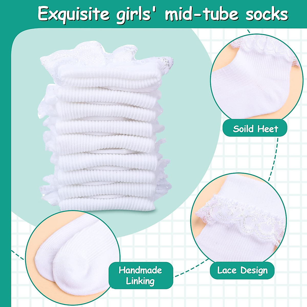 SATINIOR 6 Pairs Girls Ruffle Lace Sock White Eyelet baby Dress Socks for Girls Toddler Preschool Kindergarten(7-10 Years)