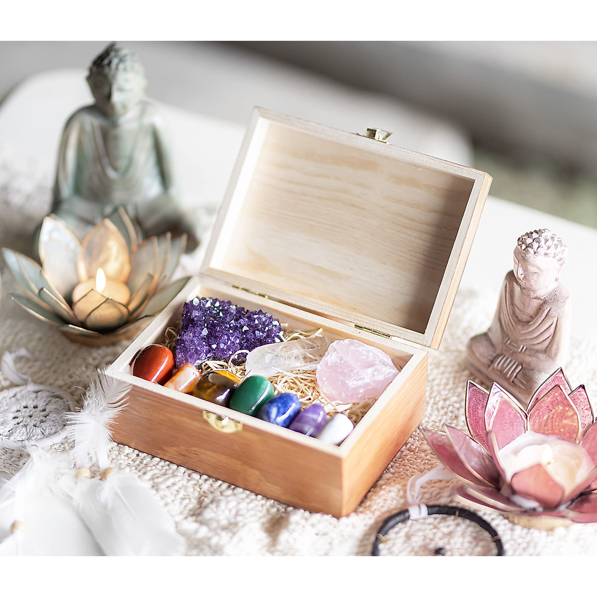 CRYSTALYA Large Premium Crystals and Healing Stones in Wooden Gift Box + 50pg EBOOK – 7 Chakra Tumbled Gemstones, Amethyst Crystal, Rose Quartz, Quartz Crystal Point, and Info Guide, Made in U.S.A.
