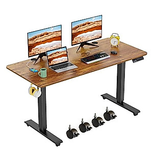 farexon Electric Standing Desk Adjustable Height, 48x 24 Inches Sit Stand Up Computer Desk with Double Metal Hook，4 Memory Preset Heights, 27''-45'' Lifting Range for Home/Office，Vintage Brown
