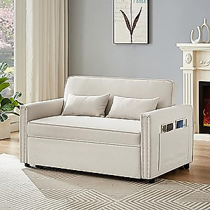 JEEOHEY 3-in-1 Convertible Sleeper Sofa Bed,54" Modern Linen Pull Out Couch Bed Futon Chair with Adjustable Backrest&Pillows,Furniture for Living Room Apartment Small Space,Beige