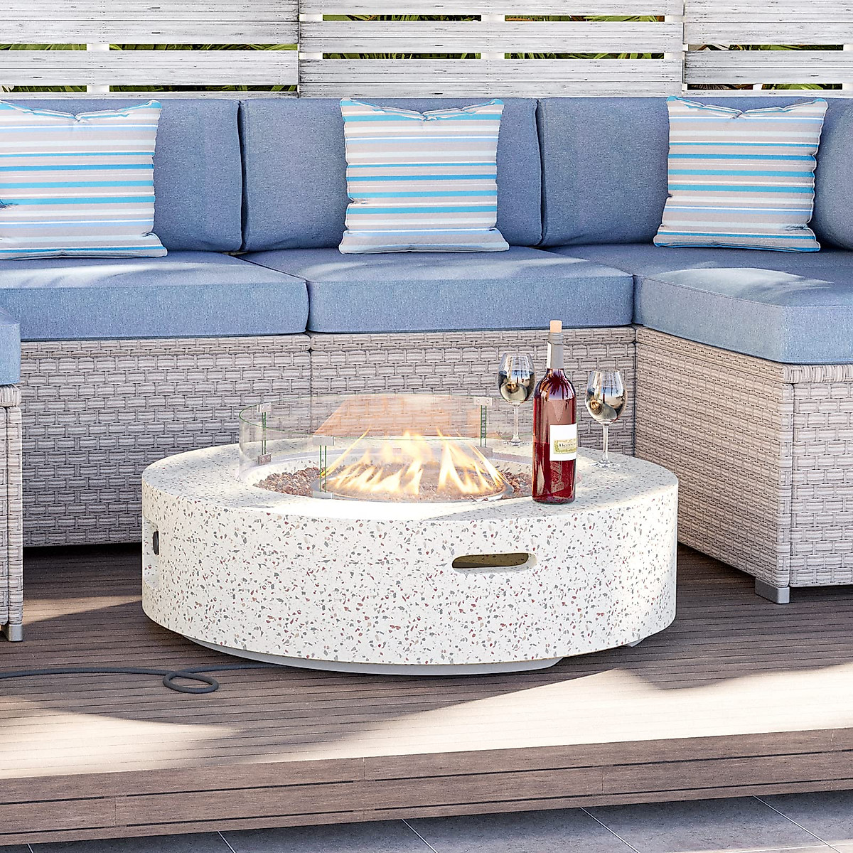 HOMPUS Propane Patio Fire Pit Table with Wind Guard, Lava Rocks and Rain Cover for Outdoor Leisure Party, 50,000 BTU 42-inch Round White Sandstone Concrete Fire Table