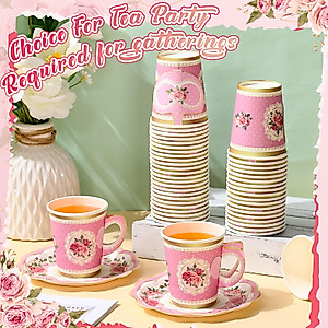Tioncy 100 Pcs Tea Party Decorations Include 50 Pieces 9 oz Floral Paper Tea Cups with Handle and 50 Plates Disposable Blossom Teacups and Saucers Sets for Girls Birthday (Floral)