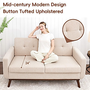 Tbfit Loveseat Sofa, 65" W Mid Century Modern Love Seat Couches for Living Room, Button Tufted Upholstered Small Sofa Couch for Bedroom, Oatmeal