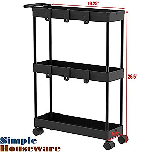 Simple Houseware 3-Tier Slim/Super Narrow Kitchen Cart with Handle, Hooks and Storage with Shelves, Black