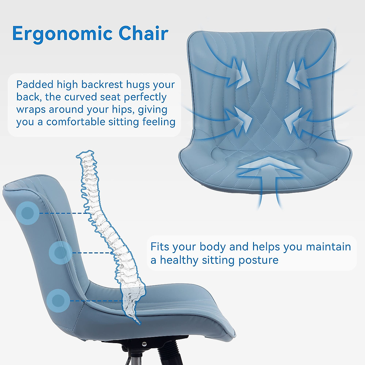 YOUNIKE Office Chair, Armless Desk Chair with Wheels, Aesthetic Home Office Computer Task Chairs, Modern Faux Leather Upholstered Vanity Chair, Adjustable Swivel Rocking Chair with Back, Blue