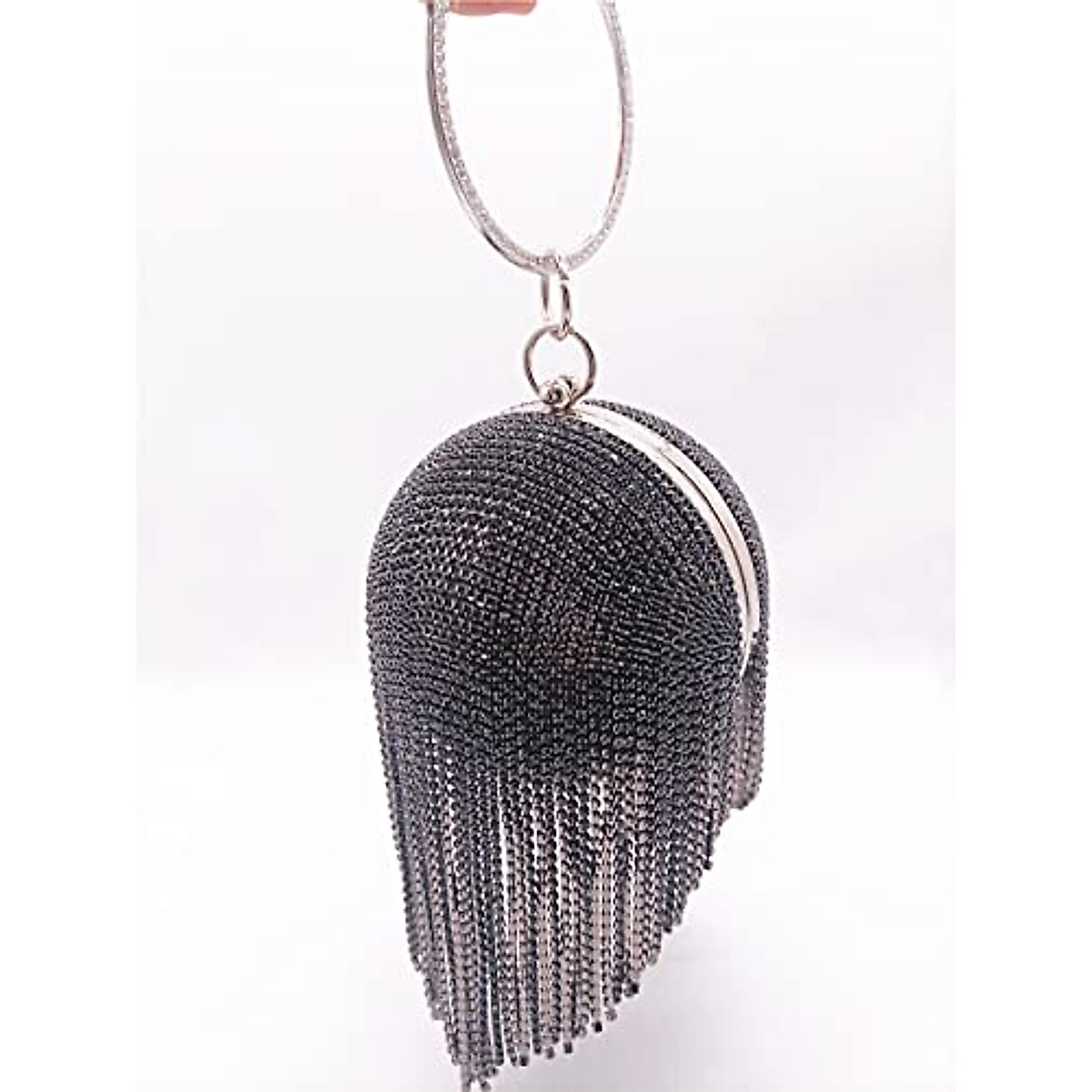 Womans Round Ball Clutch Handbag Dazzling Full Rhinestone Tassles Ring Handle Purse Evening Bag Women Round Ball Crystal Evening Clutch Purse Tassel Wedding Party Handbags (Black)