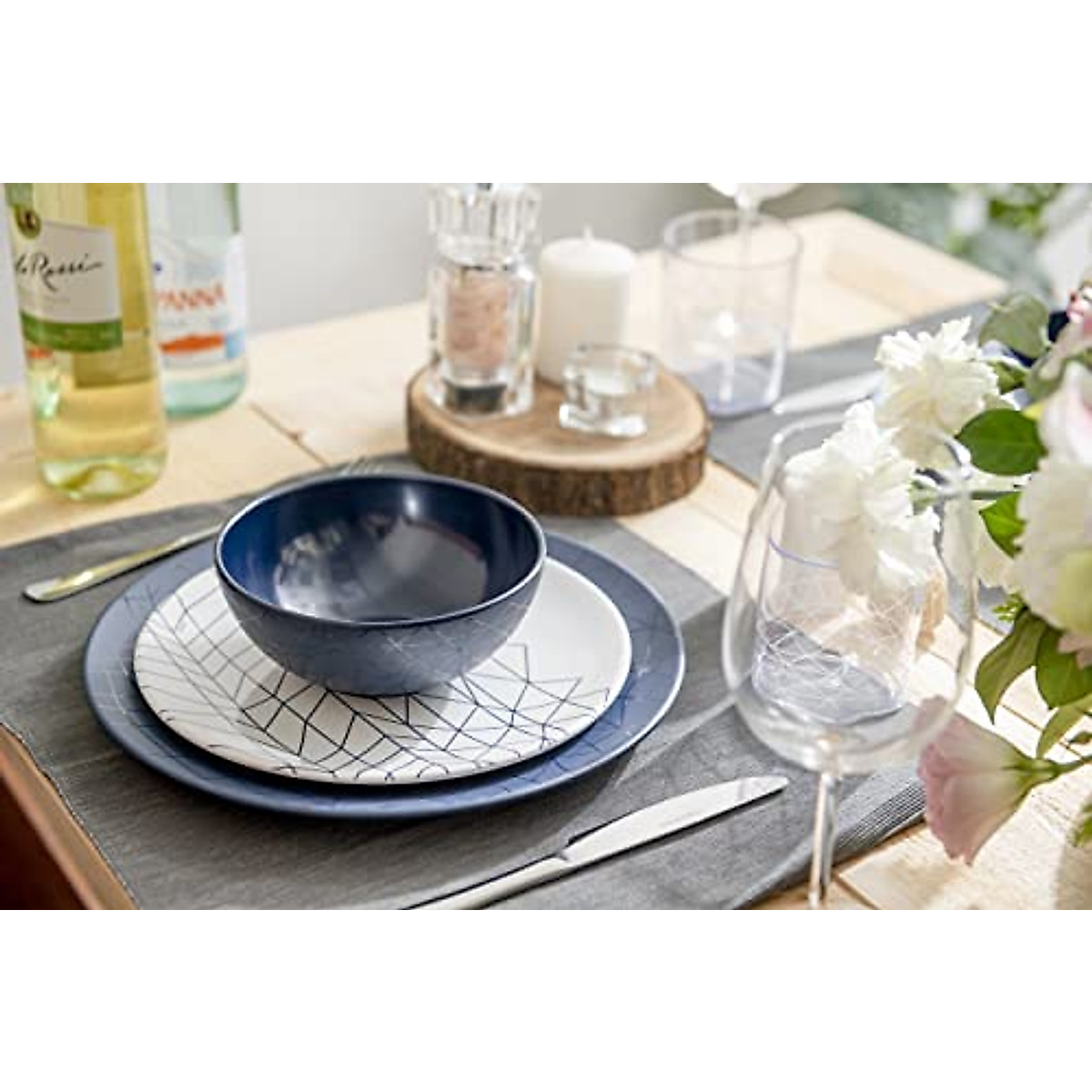 bzyoo 12 Piece Melamine Dinnerware Set - Durable, Dishwasher Safe Plates and Bowls - Dinning, Parties, Camping Dish Set Spidy Blue Collection