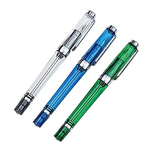 Lanxivi Set of 3 Piston Vaccum Fountain Pen Extra Fine Nib, 013 Series (Blue, Green and Clear Transparent) by Paili