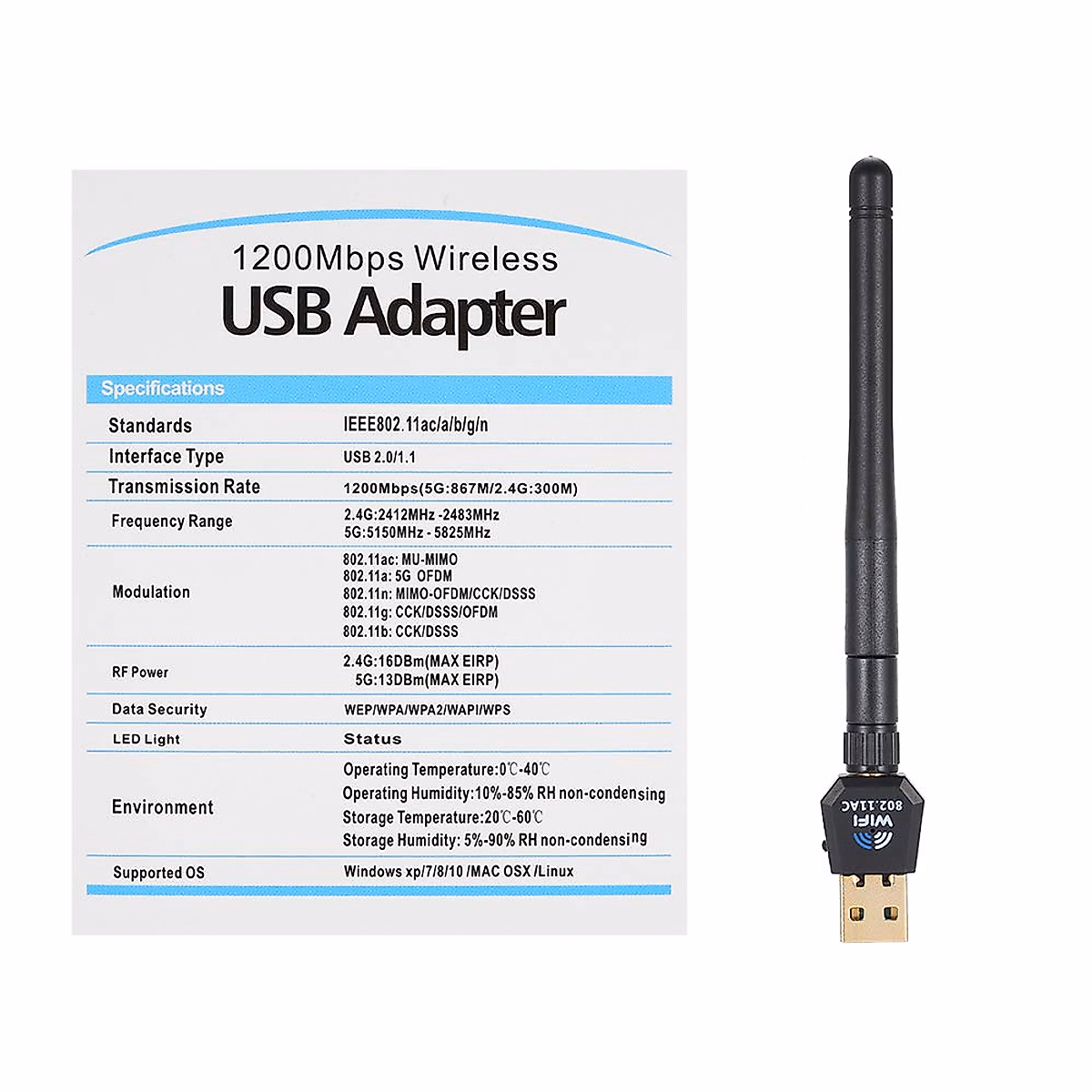 1200Mbps USB WiFi Adapter USB Wireless Adapter Daul Band (2.4G/300M+5G/867M) 802.11 ac for Desktop PC WinXP/Vista/7/8/8.1/10