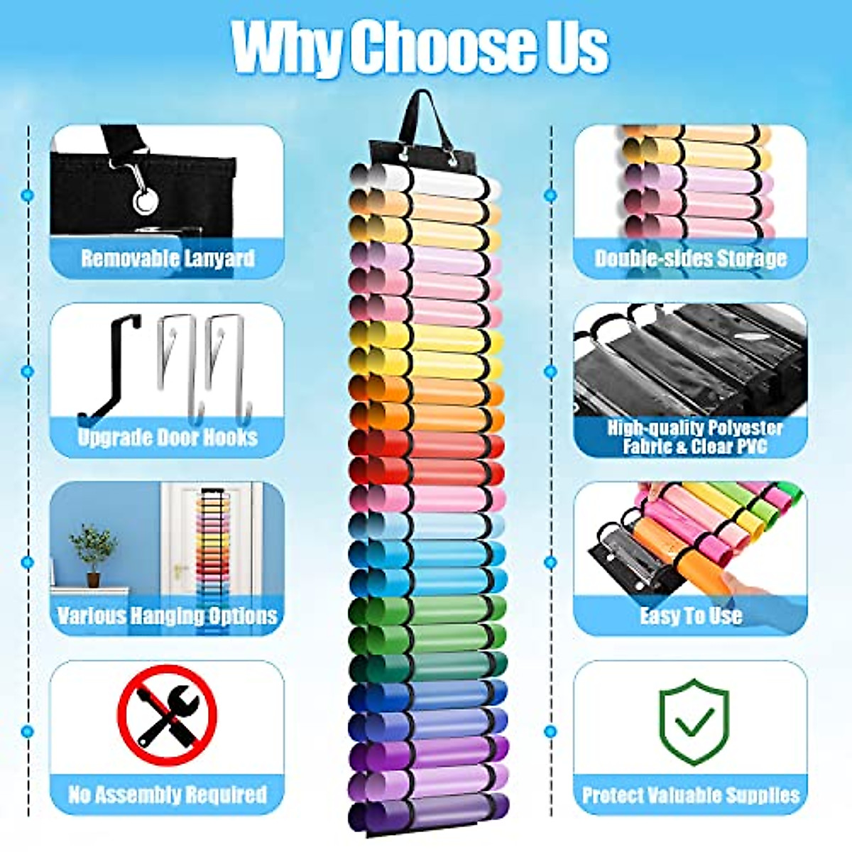 Pamacro Vinyl Roll Holder with 48 Compartments, Premium Vinyl Storage Organizer Rack Wall Mount/Hanging Over The Door, Craft Vinyl Roll Storage with Upgrade Door Hooks and Strap for Craft Room(Black)