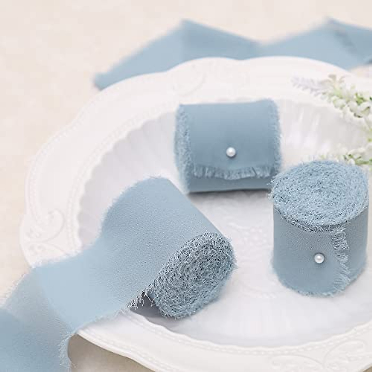 DORIS HOME 3 Rolls 2"x7Yd Fringe Chiffon Ribbon for Flower Bouquet, Handmade Dusty Blue Ribbon for Gift Wrapping, Frayed Edge Ribbon for Crafts, Decorating, Bouquet Wrap, Wedding Invitation