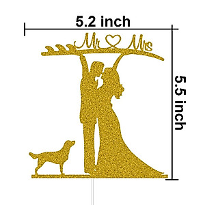 Surfing Couple Mr & Mrs Cake Topper with Dog Surfboard, Funny Wedding Cake Decors, Bride and Groom Wedding Anniversary Party Decorations Gold Glitter