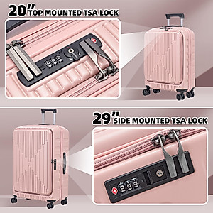 Kaleenie 2 Pieces 20/29 Luggage Sets, 20 Inch Cabin Luggage with Front Pocket & 29 Inch Side Opening Suitcase, Ligthweight ABS+PC Hardshell, Pink