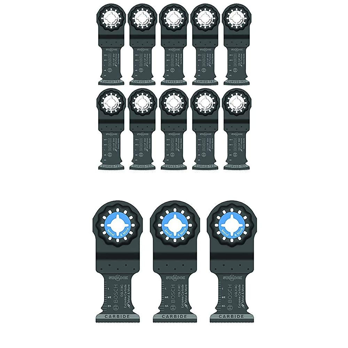 Bosch Starlock Carbide Oscillating Tool Blades for Cutting Wood, Wood with Nails, Drywall and Plastics; 10-Pack and Multitool Blades for Metal and Hard Wood, 3-Pack, Bundle (13-Pieces)
