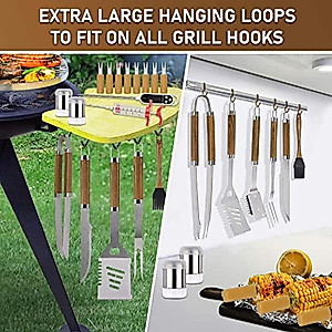 SixSun 30PCS BBQ Grill Tools Set Wooden Handle Stainless Steel Grilling Accessories with Spatula, Tongs, Skewers for Barbecue, Camping, Kitchen, Complete Premium Grill Utensils Set - Brown