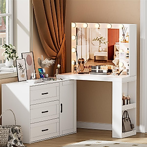 PAKASEPT Vanity Desk with Mirror and Lights, Makeup Vanities with Charging Station, White Vanity with 3 Color Lighting, Drawers, Hidden and Open Shelves, Girls Dressing Table for Bedroom