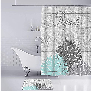 DuoBaorom 4 Pieces Set Teal and Grey Flower Shower Curtain Set Dahlia Floral Relax Sign Picture Print on Non-Slip Rugs Toilet Lid Cover Bath Mat and Bathroom Curtain with 12 Hooks 72x72inch