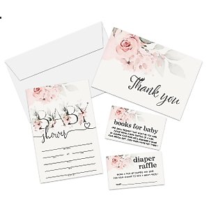 Baby Shower Invitation Set, Books For Baby, Thank You, Diaper Raffle, Fill In Invites Cards, Each Design 25 Cards & Envelopes (Total 100 Cards) – (bb018-taozhuang)